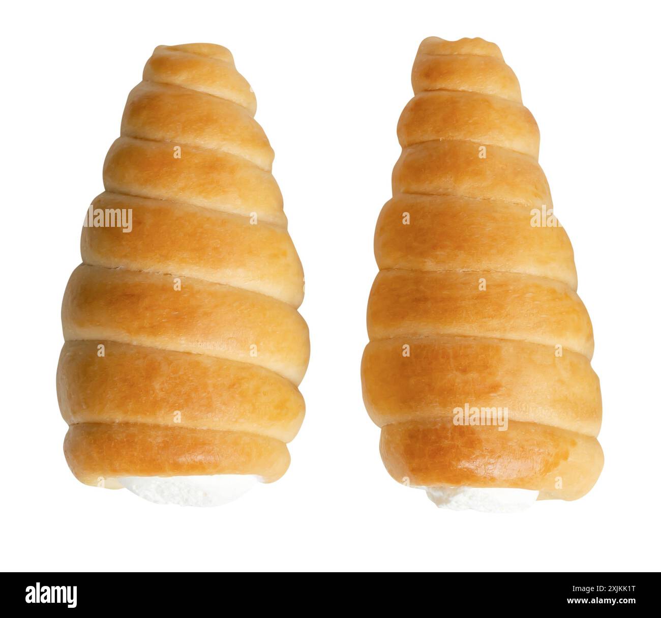 Top view set of puff pastry cream horns is isolated on white background ...