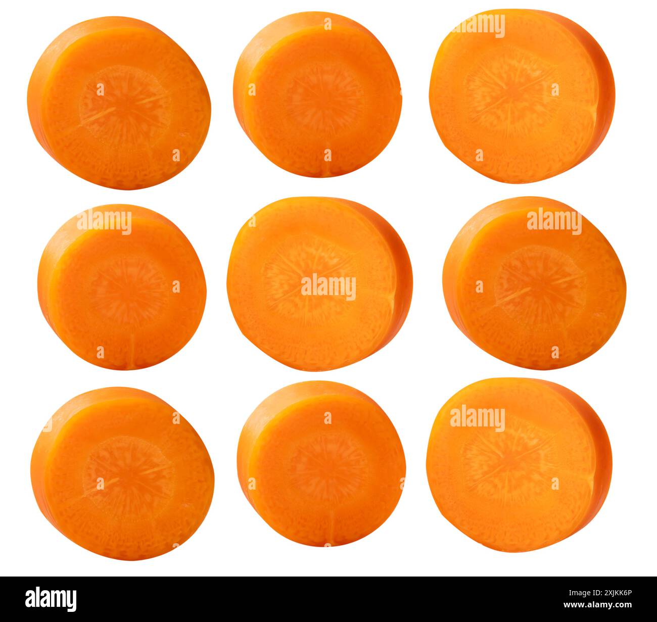 Top view set of orange carrot slices in circle shape is isolated on ...