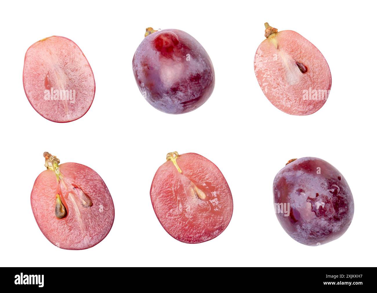 Top view set of two red grapes or purple grapes with halves is isolated ...