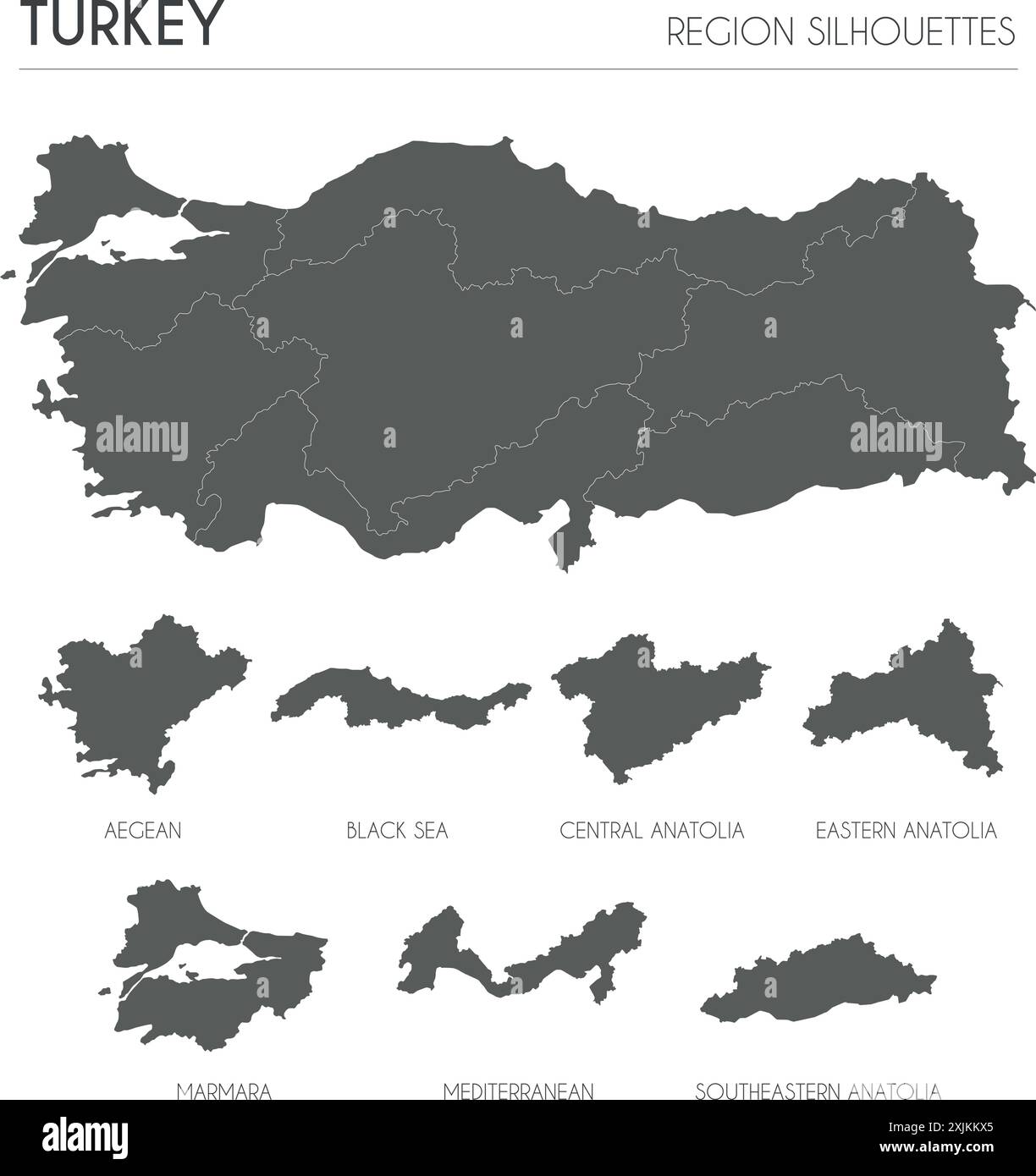 Turkey region silhouettes set and blank map of the country isolated on ...