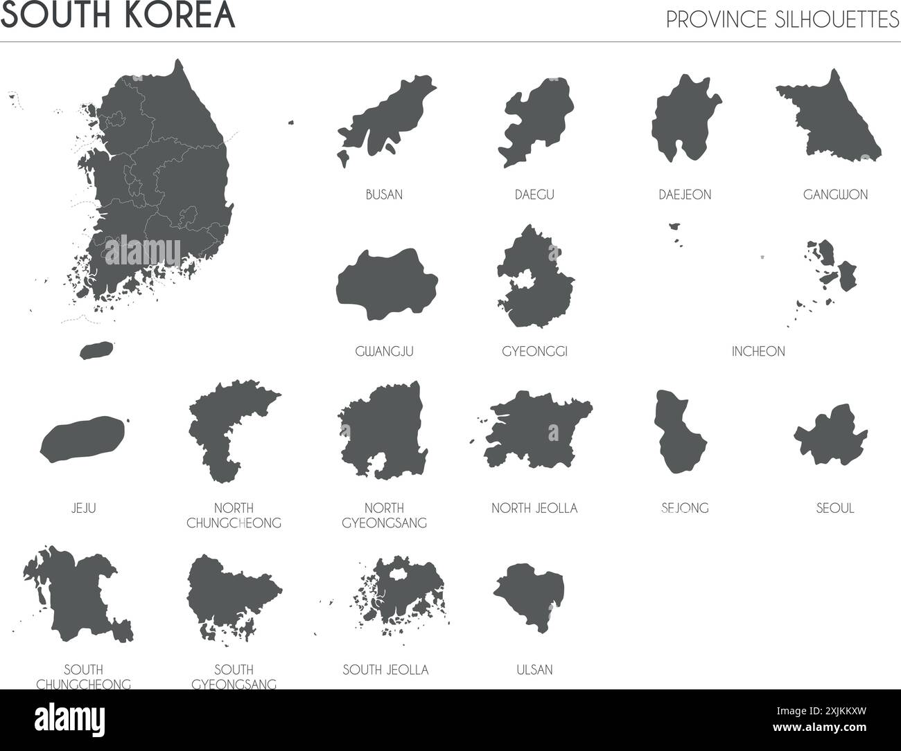 South Korea region silhouettes set and blank map of the country ...