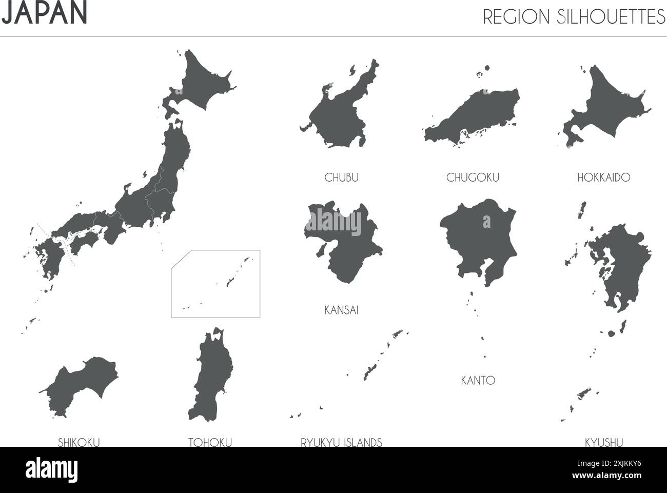 Japan region silhouettes set and blank map of the country isolated on ...