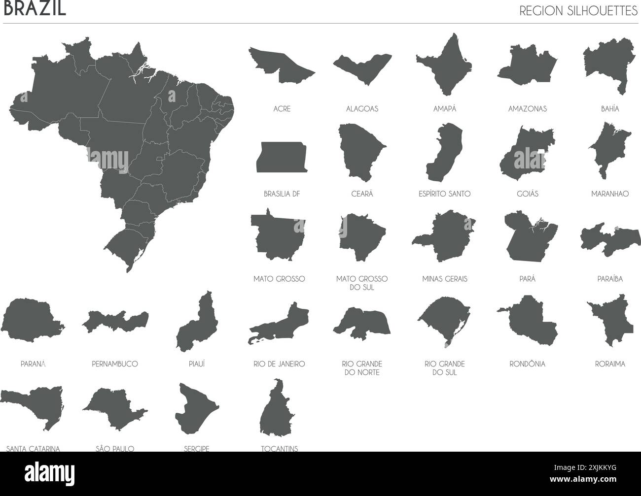 Brazil region silhouettes set and blank map of the country isolated on ...