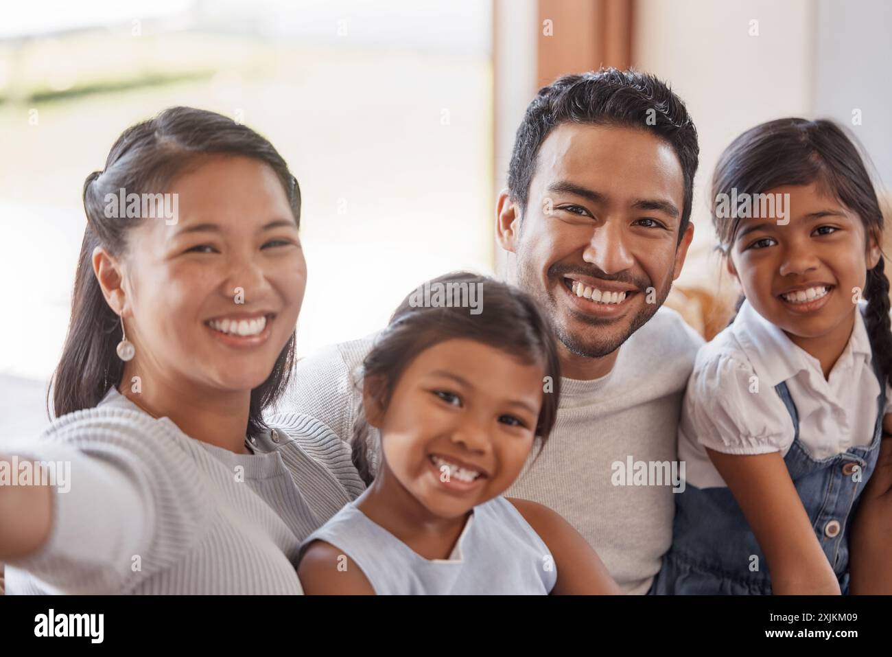 Asian family, portrait and selfie of happy kids with parents for love ...