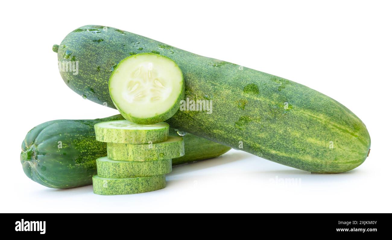Side view and front view of green cucumbers with slices or pieces in ...
