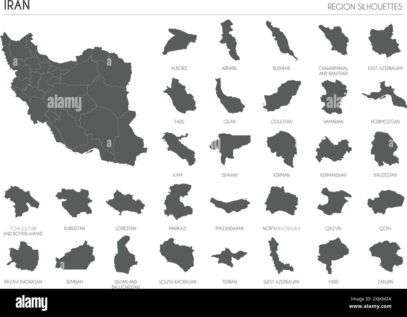 Iran region silhouettes set and blank map of the country isolated on ...