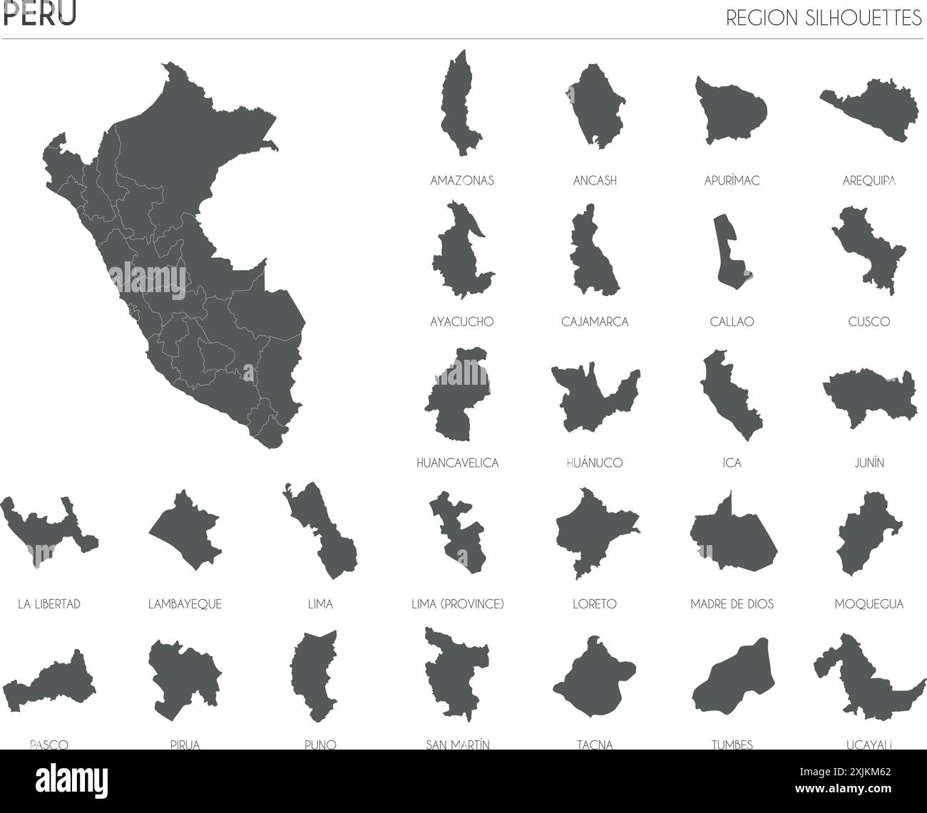 Peru region silhouettes set and blank map of the country isolated on ...