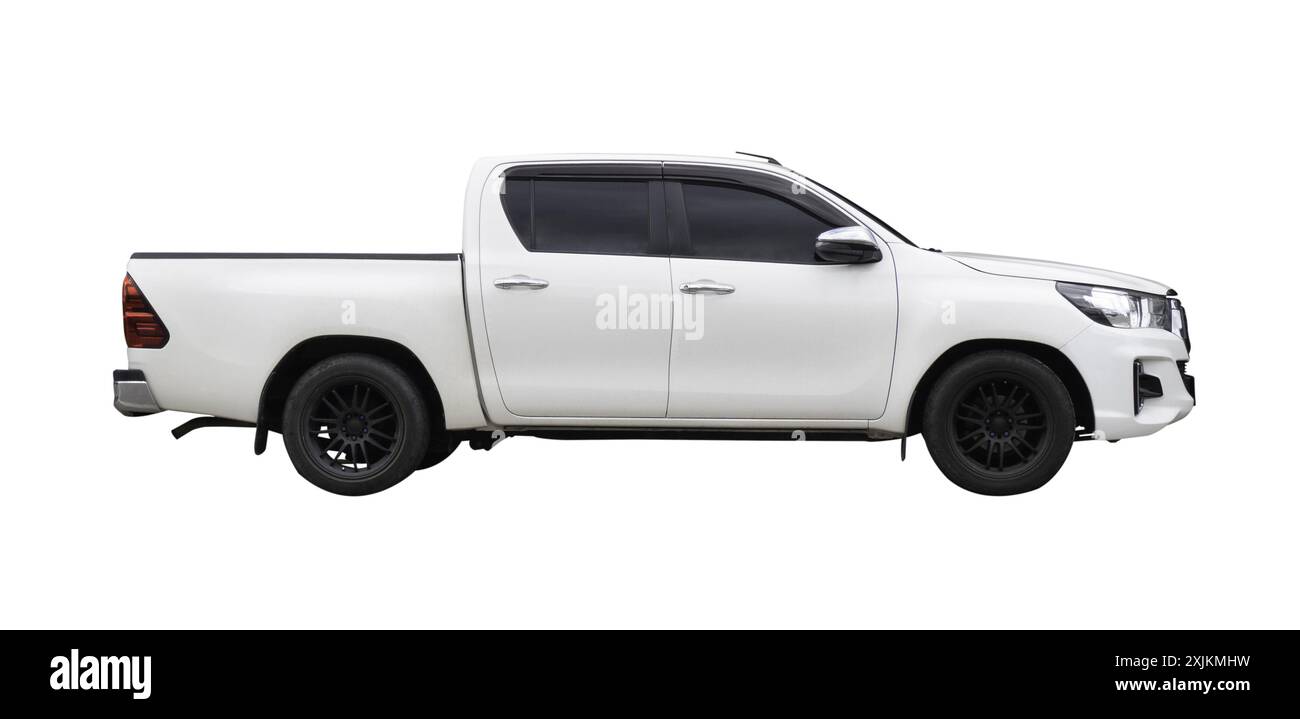 Side view of white pickup truck is isolated on white background with ...