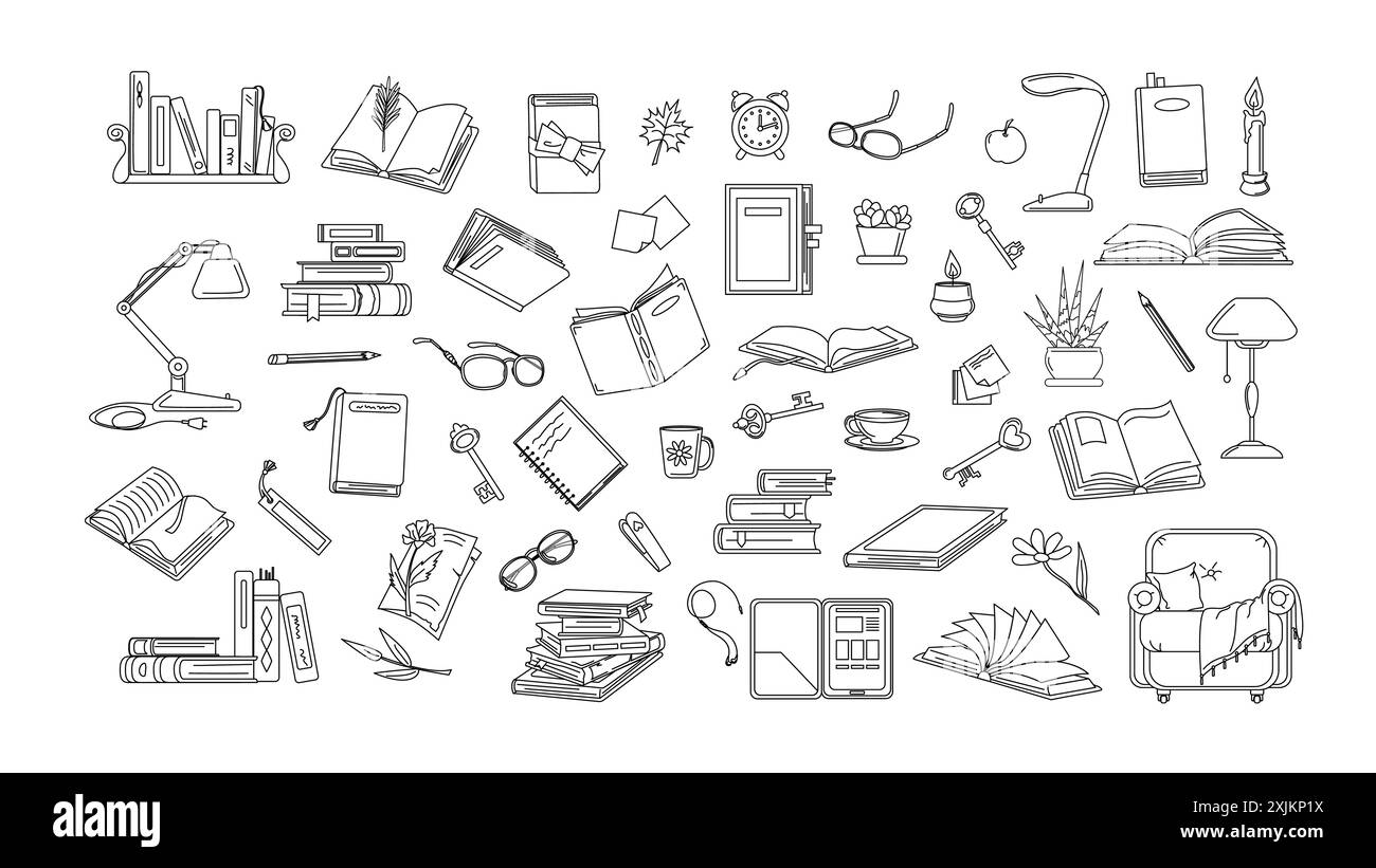 Objects on reading topic, black and white Stock Vector Image & Art - Alamy