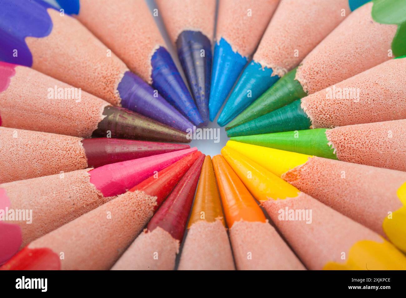 Color pencils in arrange in color wheel colors on white background ...