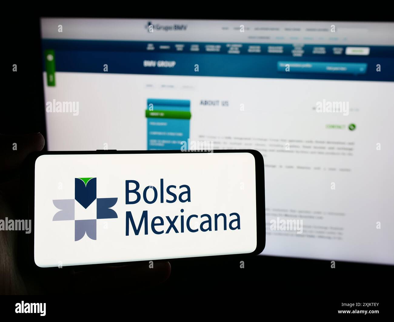 Person holding smartphone with logo of Mexican stock exchange Bolsa ...