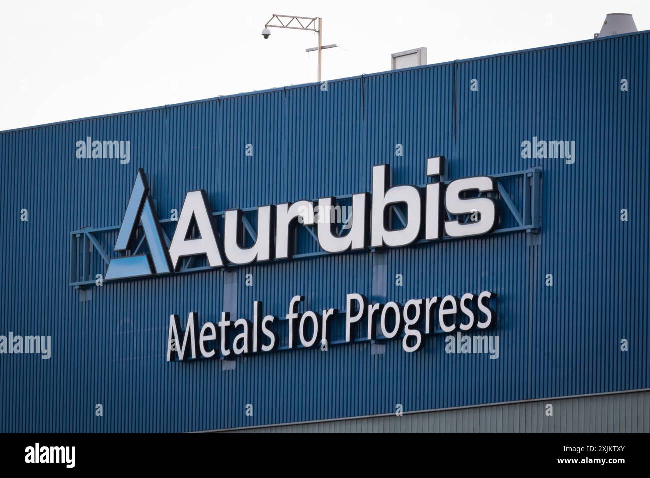 Logo and lettering Aurubis Metal for Progress on a factory building at ...