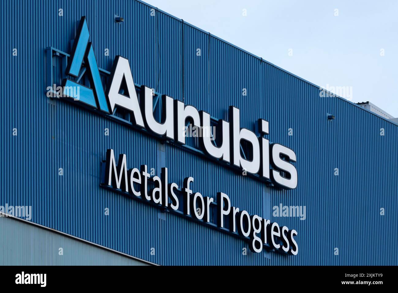 Logo and lettering Aurubis Metal for Progress on a factory building at ...