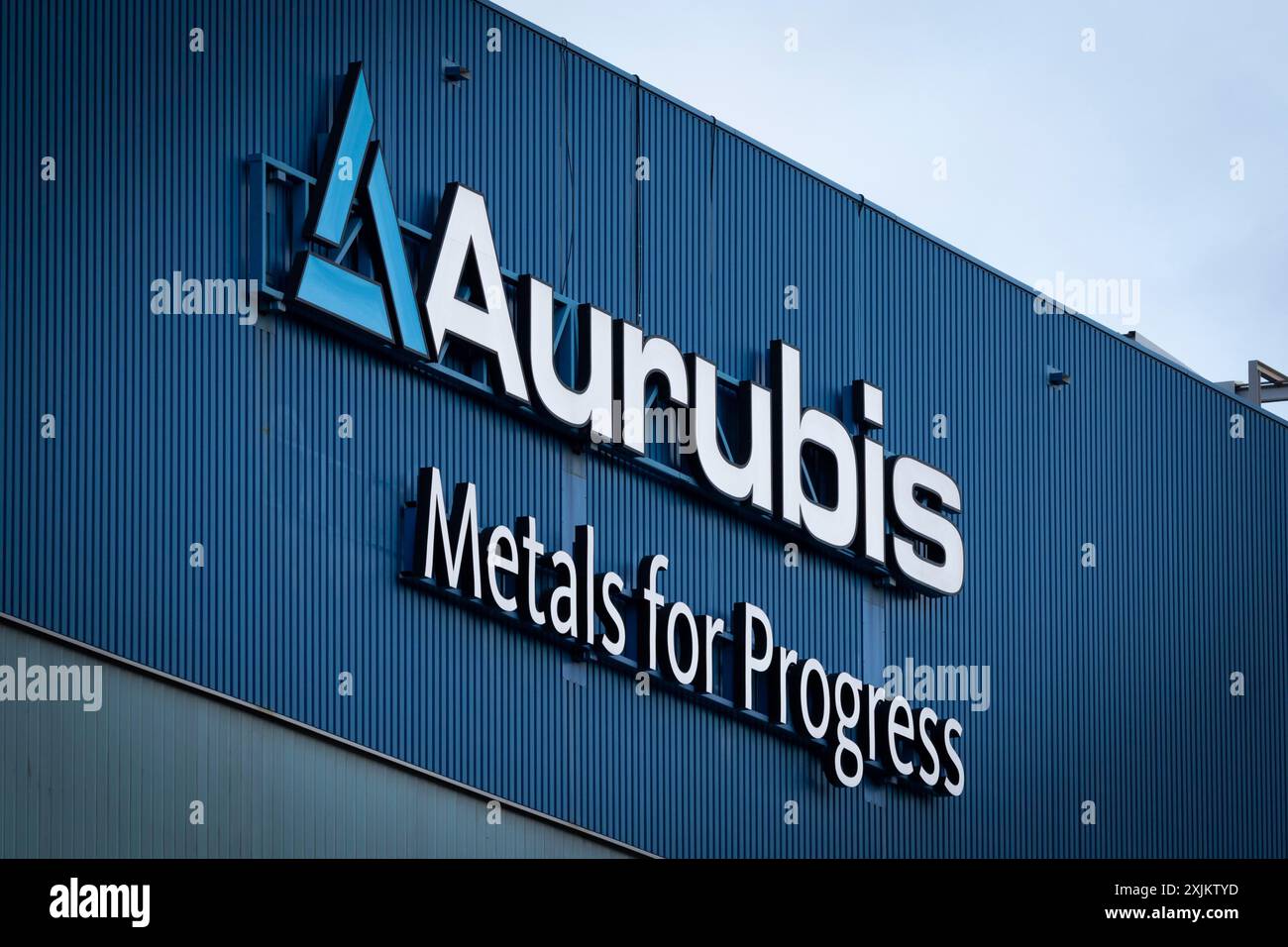 Logo and lettering Aurubis Metal for Progress on a factory building at ...