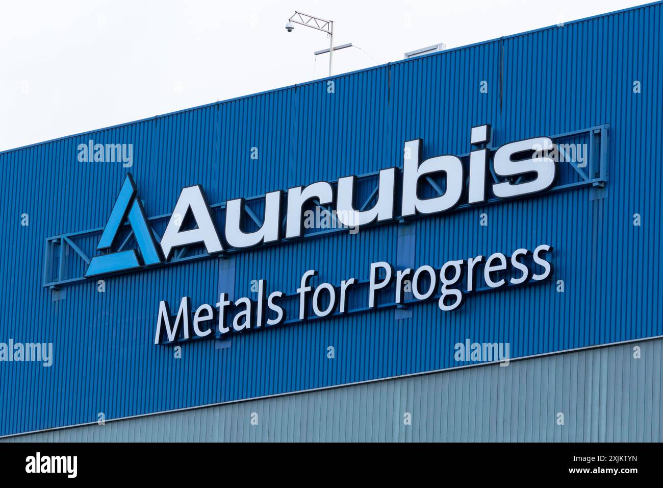 Logo and lettering Aurubis Metal for Progress on a factory building at ...