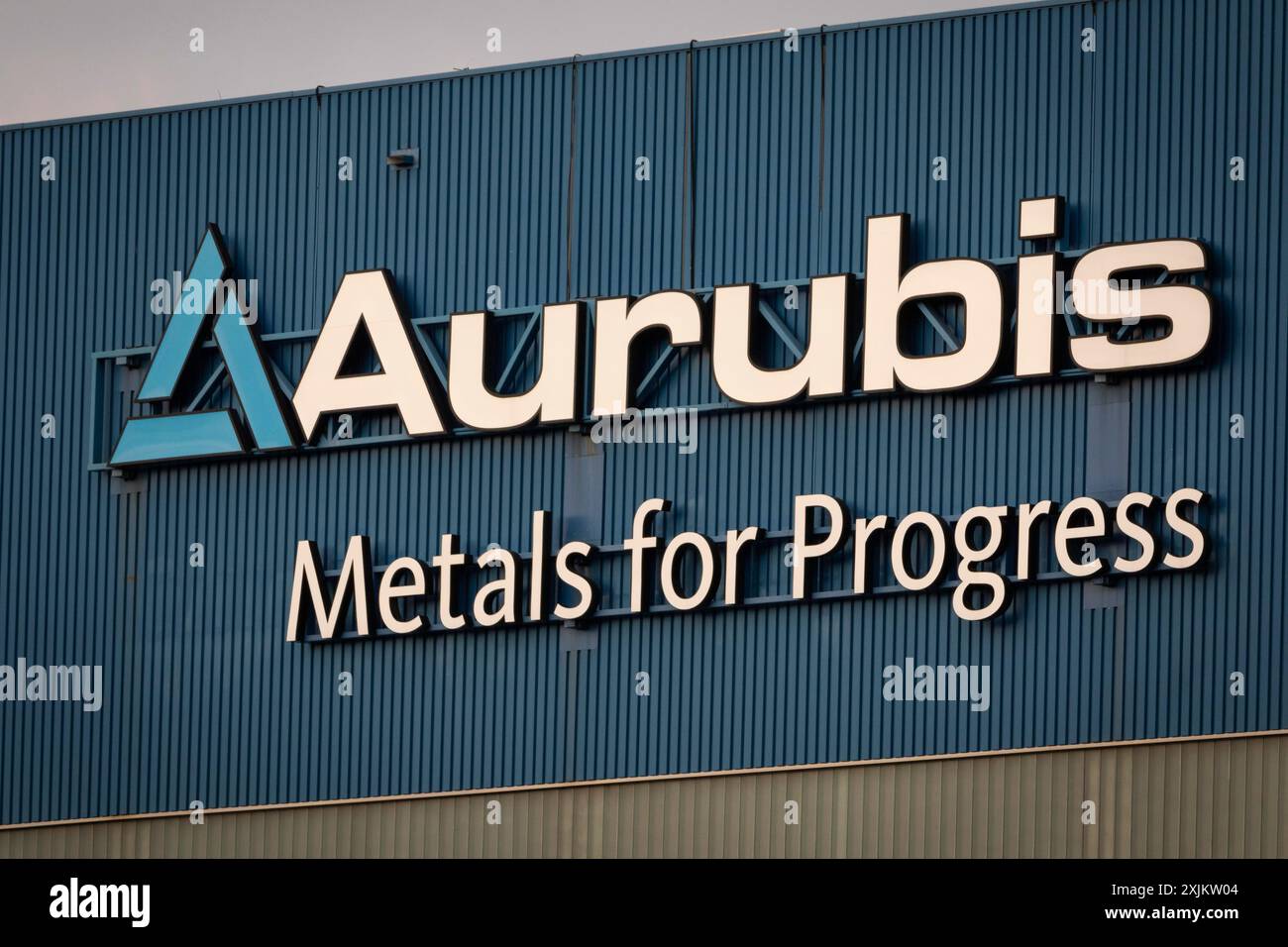 Logo and lettering Aurubis Metal for Progress on a factory building at ...
