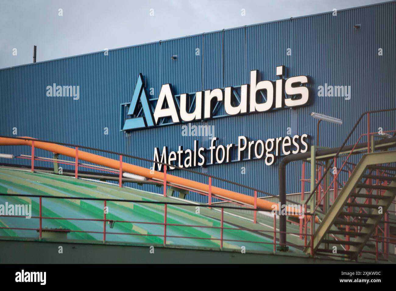 Logo and lettering Aurubis Metal for Progress on a factory building at ...