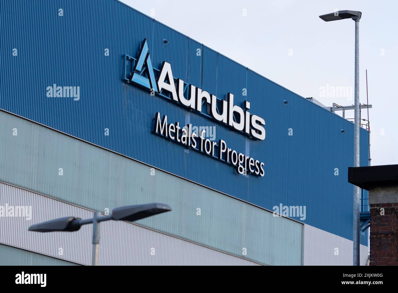 Logo and lettering Aurubis Metal for Progress on a factory building at ...