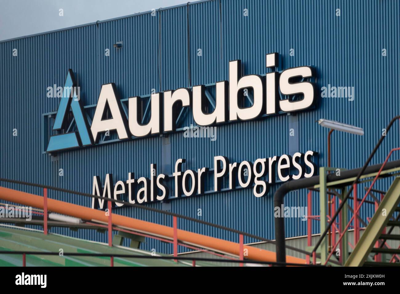 Logo and lettering Aurubis Metal for Progress on a factory building at ...