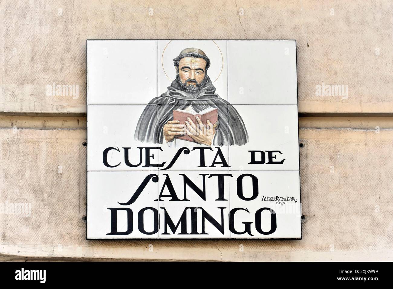 Madrid, Spain, Europe, A wall panel shows a religious figure with a ...