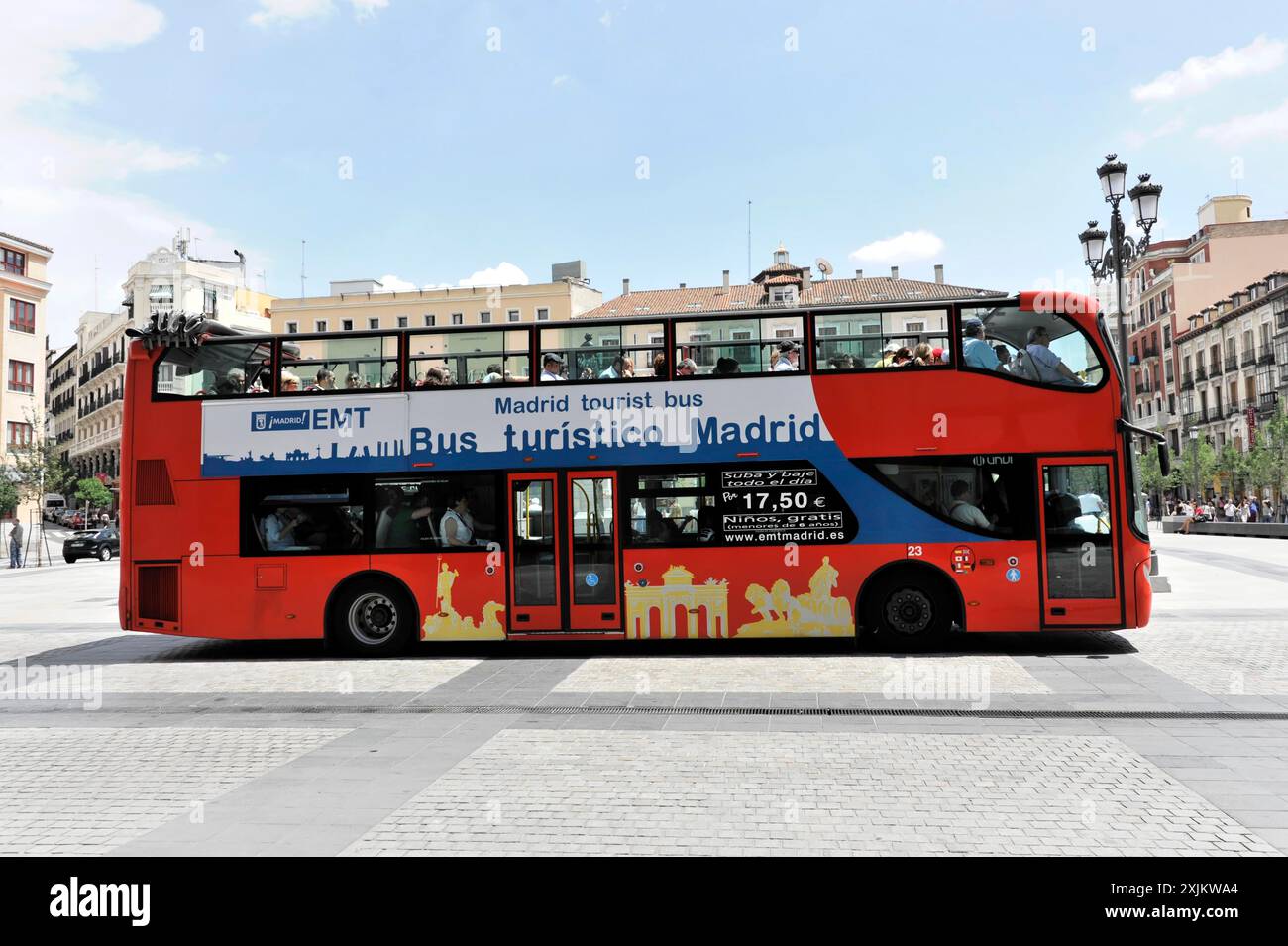 Madrid, Spain, Europe, A red double-decker tourist bus in the centre of ...