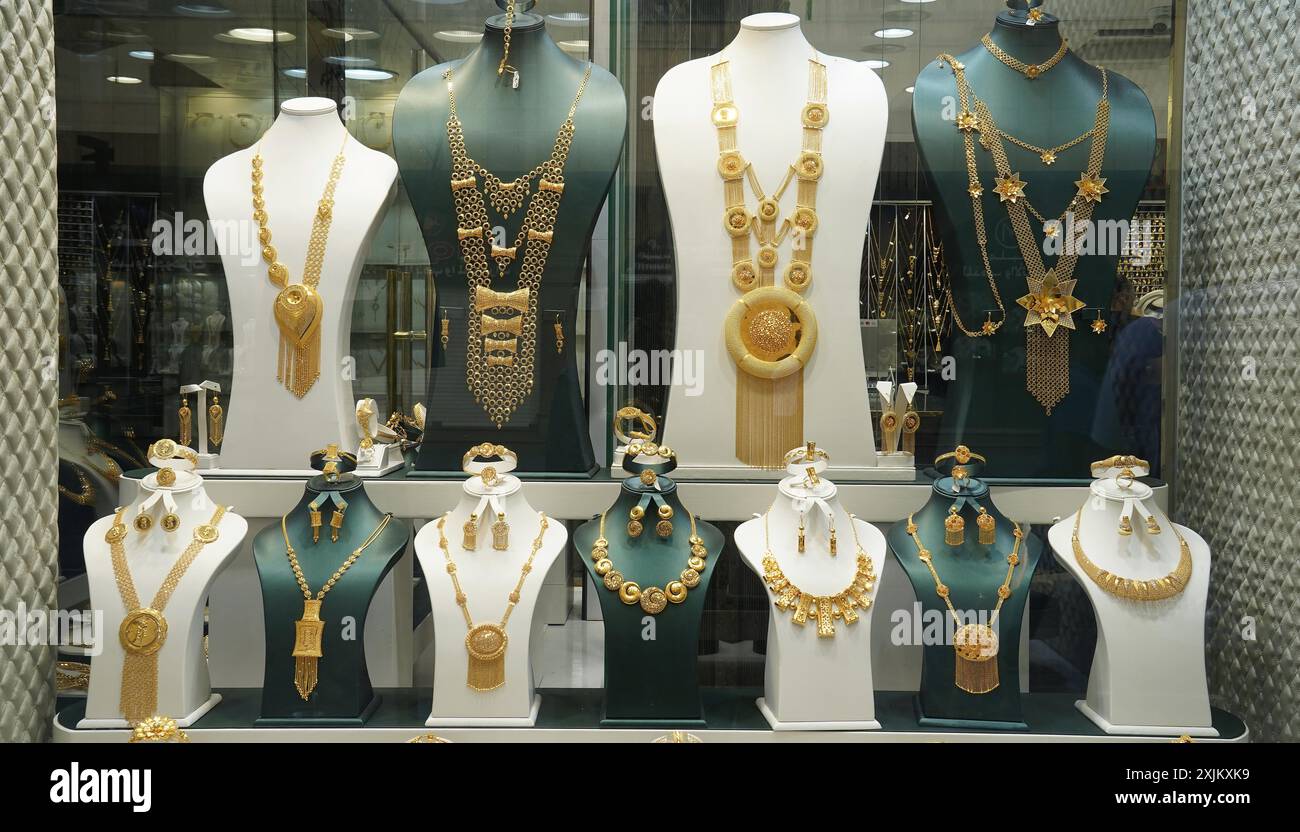 Saudi Arabia, Jeddah, Gold jewellery in a display, Gold Souk, Middle ...