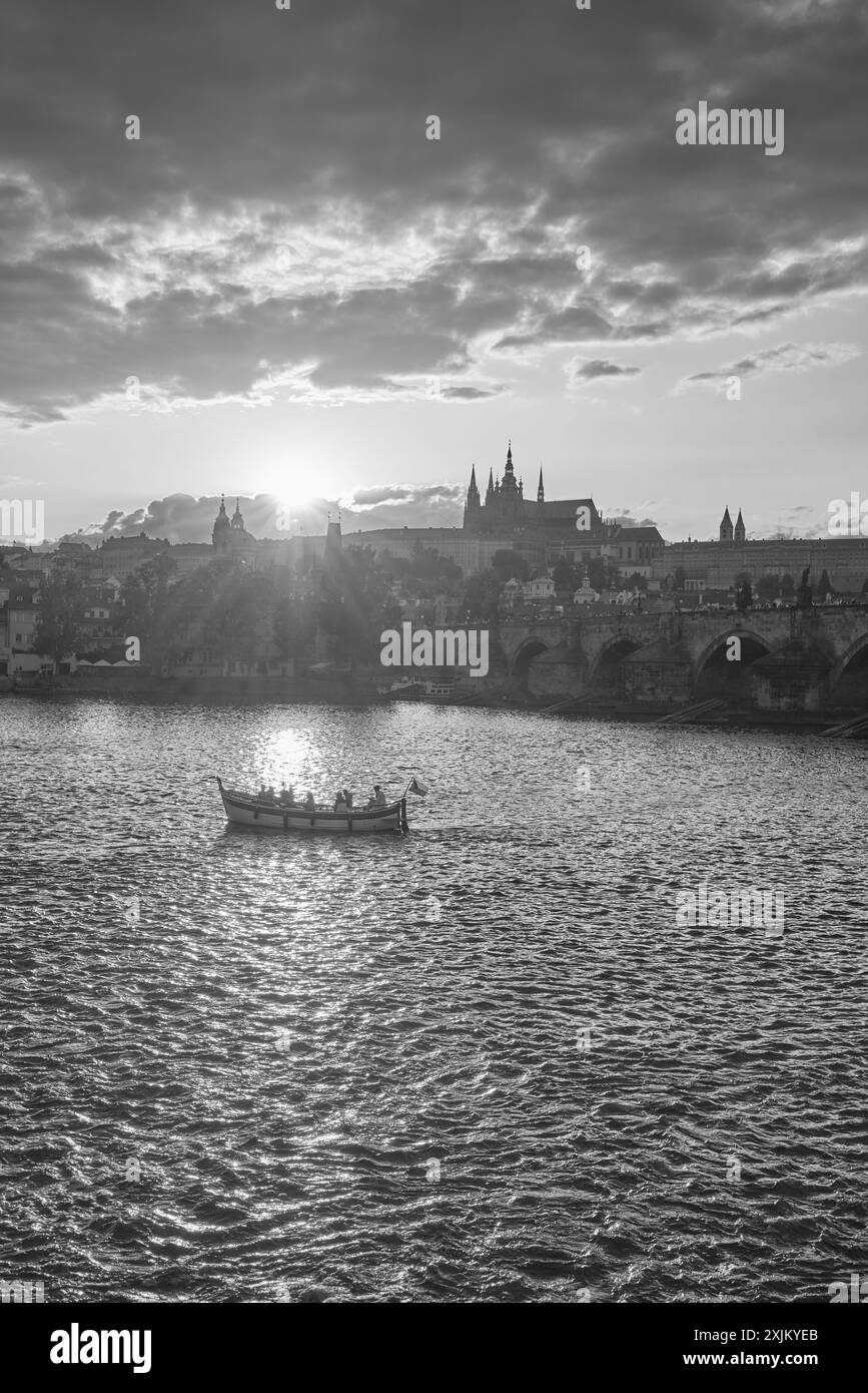 Sunset view of Prague castle, Vltava river and Mala strana district in ...