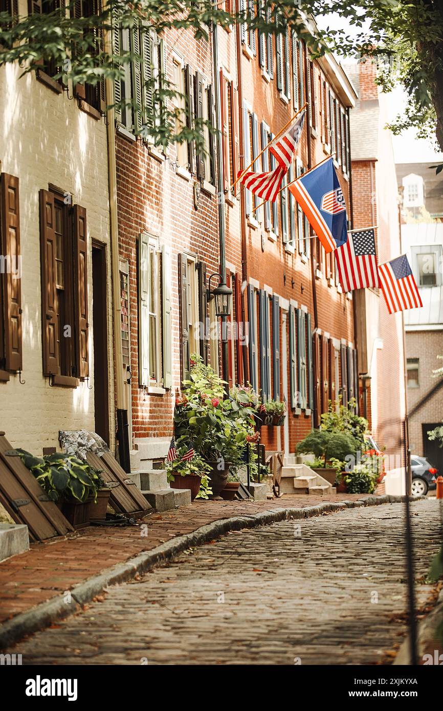 A charming cobblestone street with historic, brick townhouses in ...