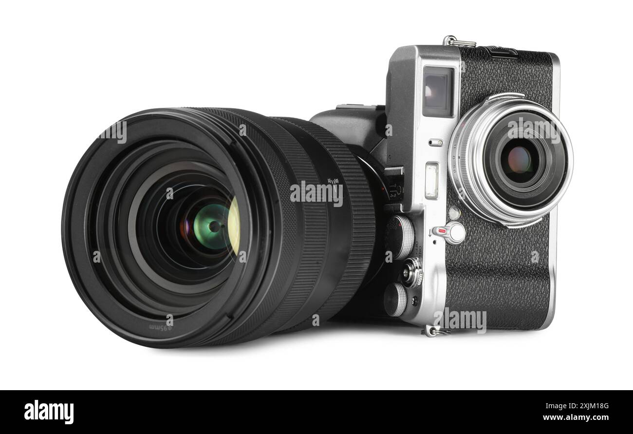 Modern cameras isolated on white. Photographer's equipment Stock Photo ...