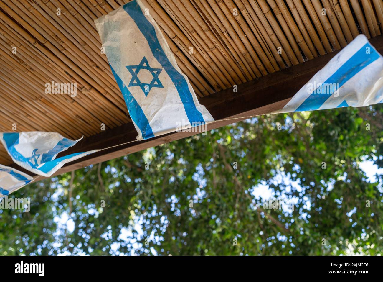 Israeli flags hanging on a wooden pergola with bamboo roofing, captured ...