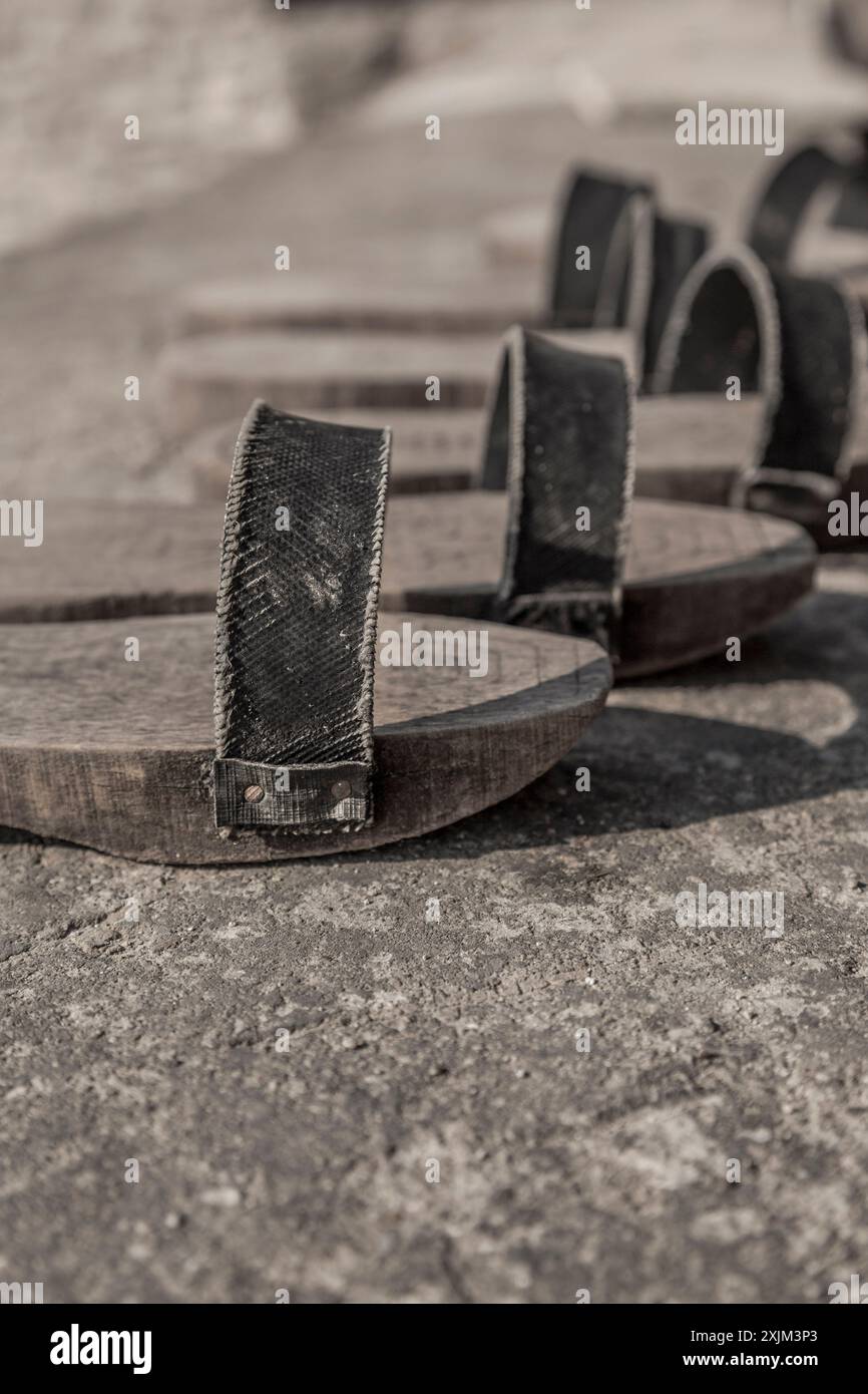 closeup old turkish handmade wooden slippers Stock Photo - Alamy
