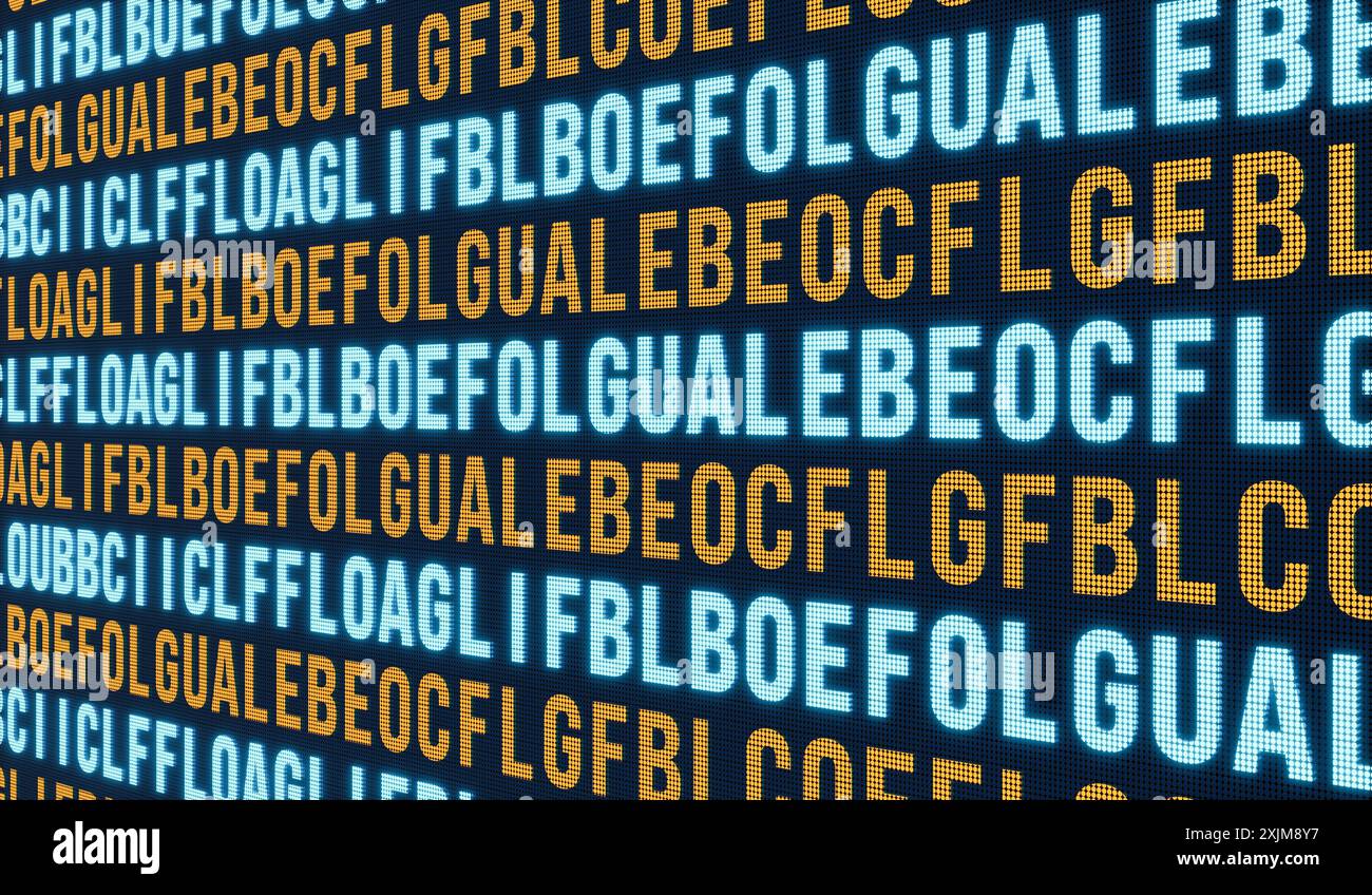 Close up screen with random letters in yellow and blue. Close up screen ...