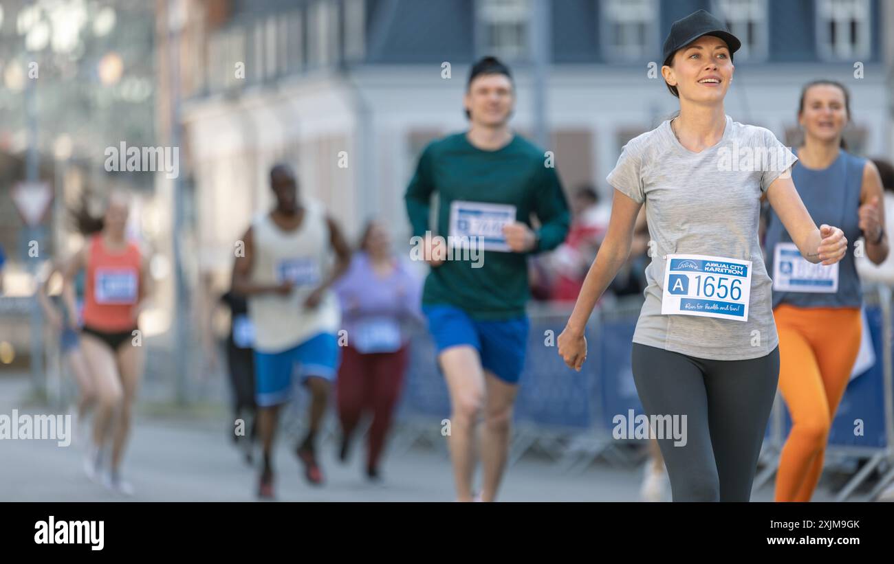 Smiling Group of People Participating in a City Marathon. Diverse Race ...