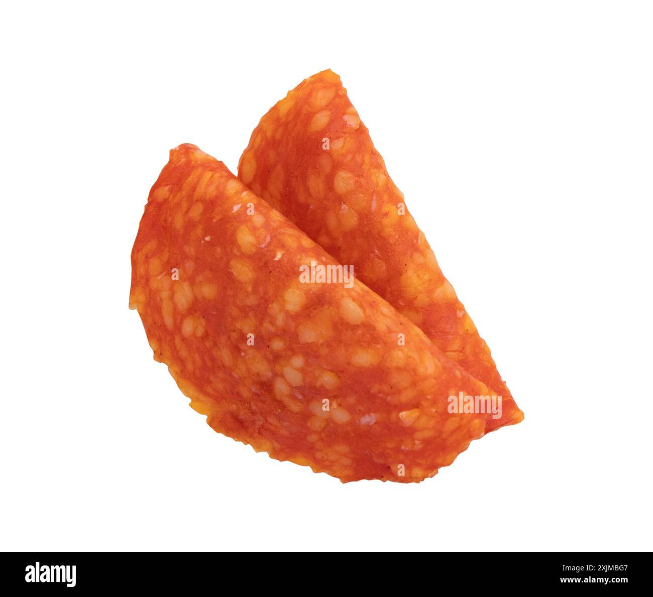 folded slices of chorizo salami sausage isolated on white background with clipping path, top ...