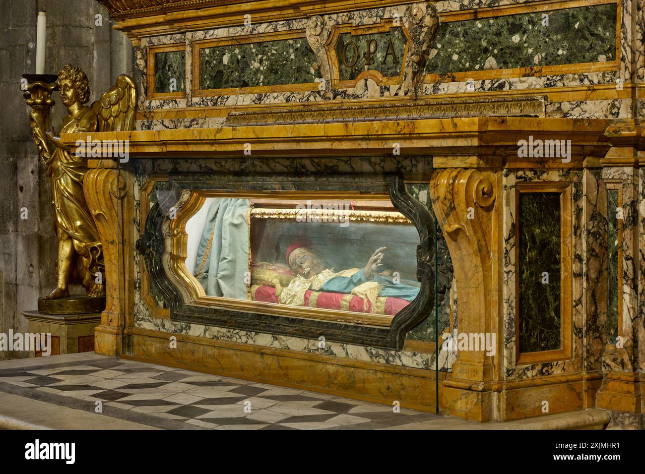 interior shot with Skeleton of a bishop in Basilica San Michele in Foro ...