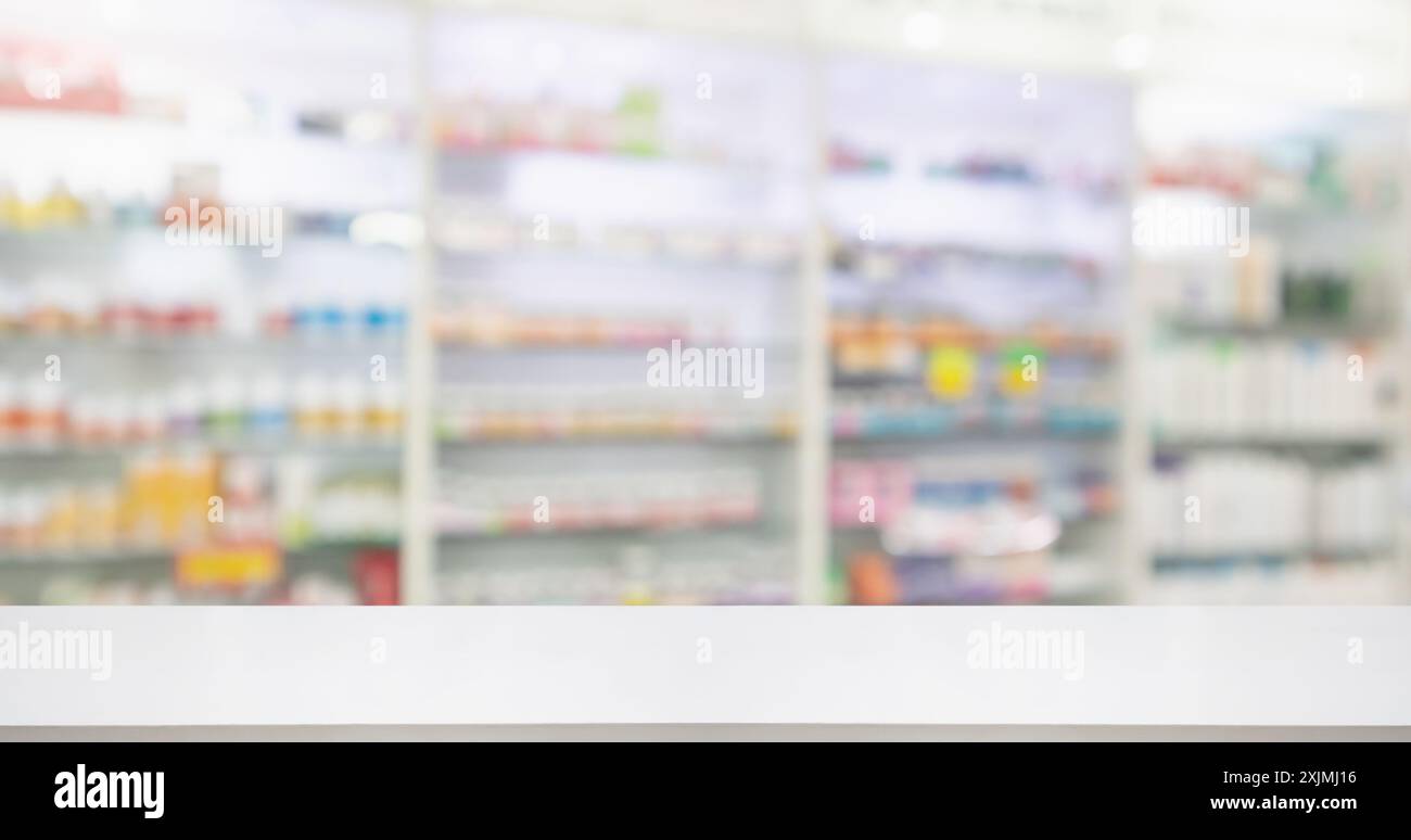 Pharmacy drugstore counter with medicine and vitamin supplement on ...