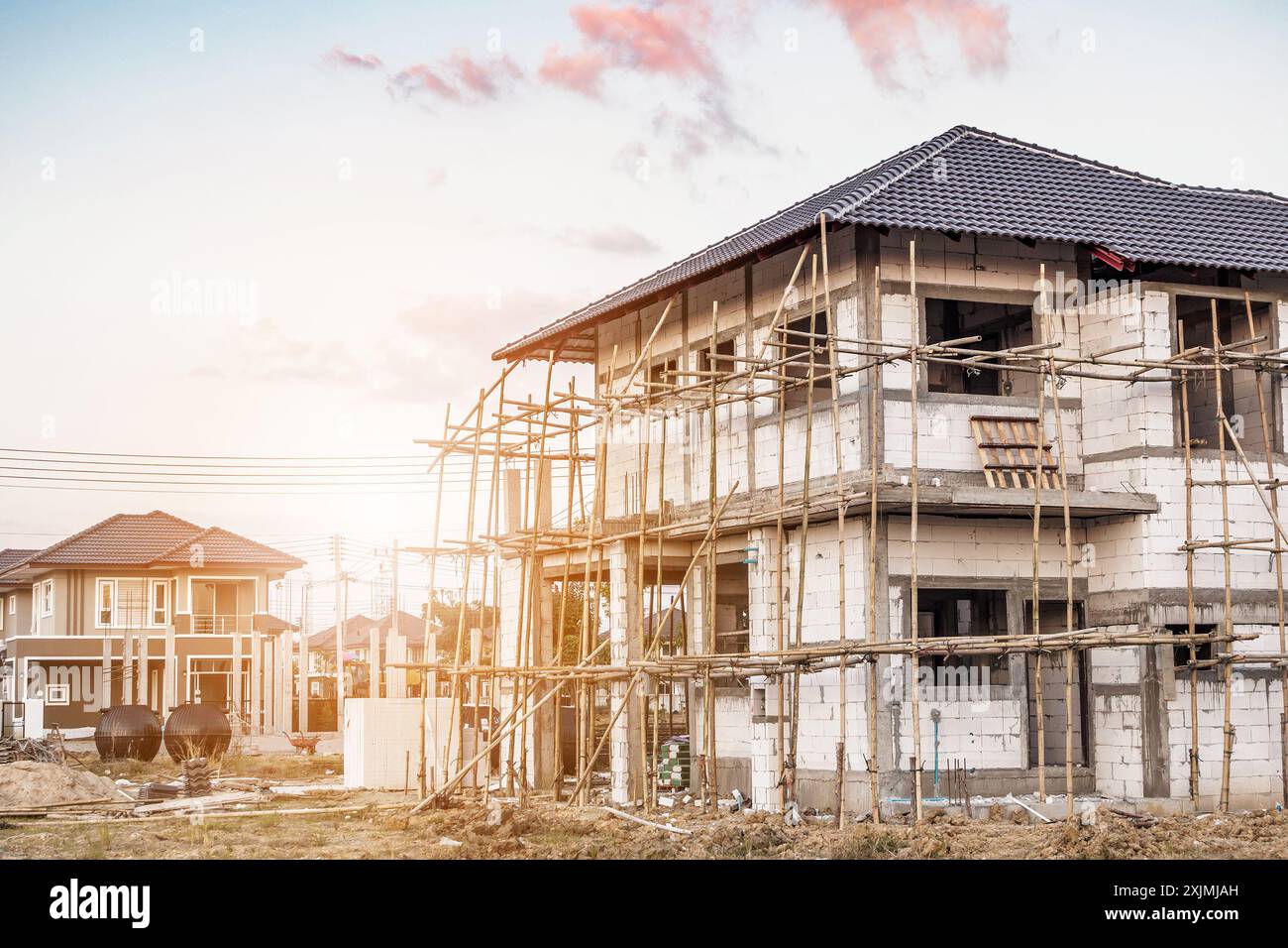 construction residential new house in progress at building site Stock ...