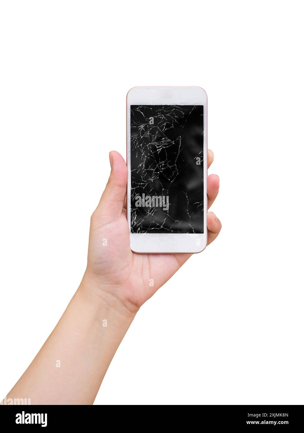 hand hold mobile phone with broken glass screen display isolated on ...