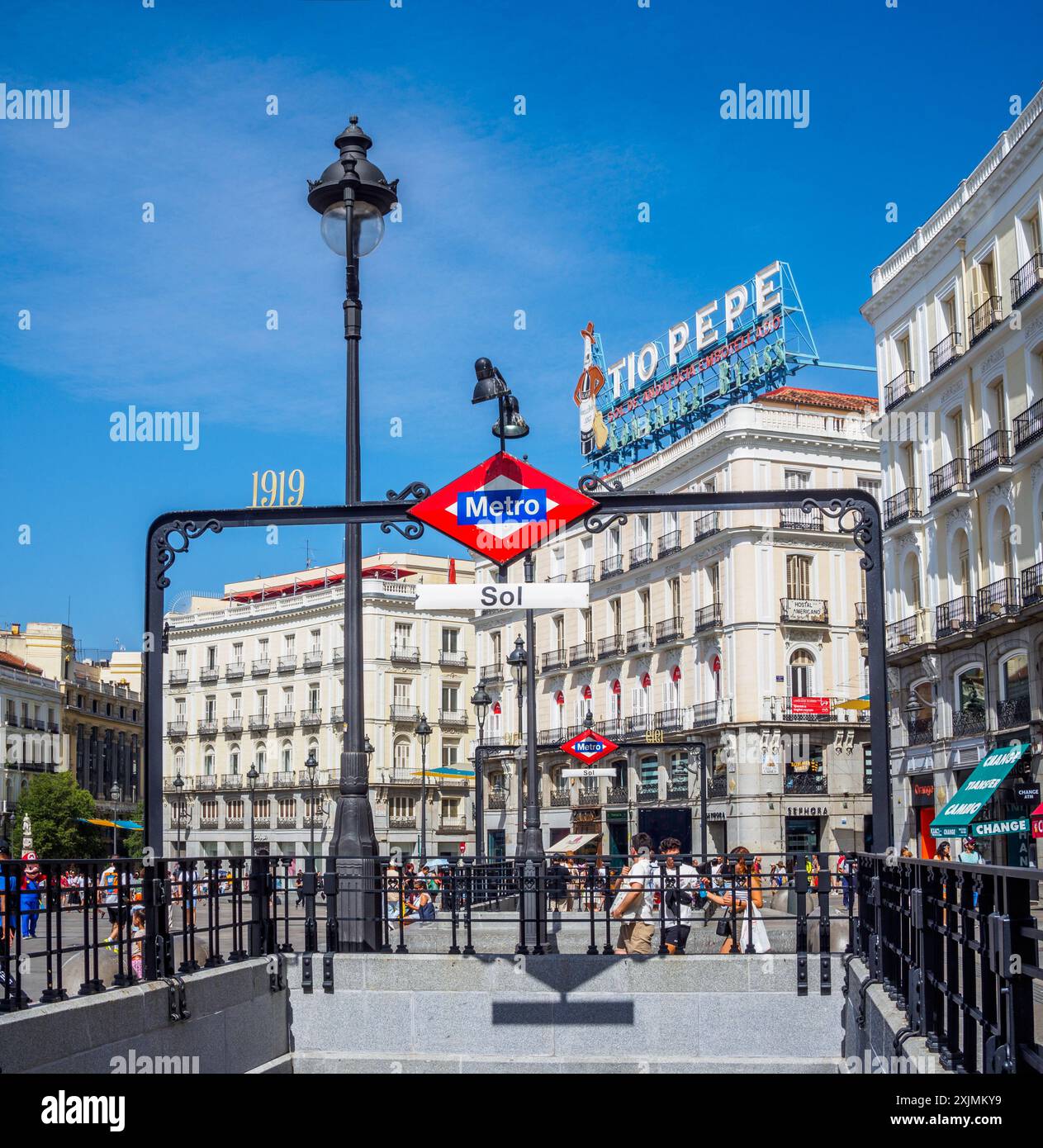 Sol Metro subway station sign on a sunny day, with the Tio Pepe neon ...