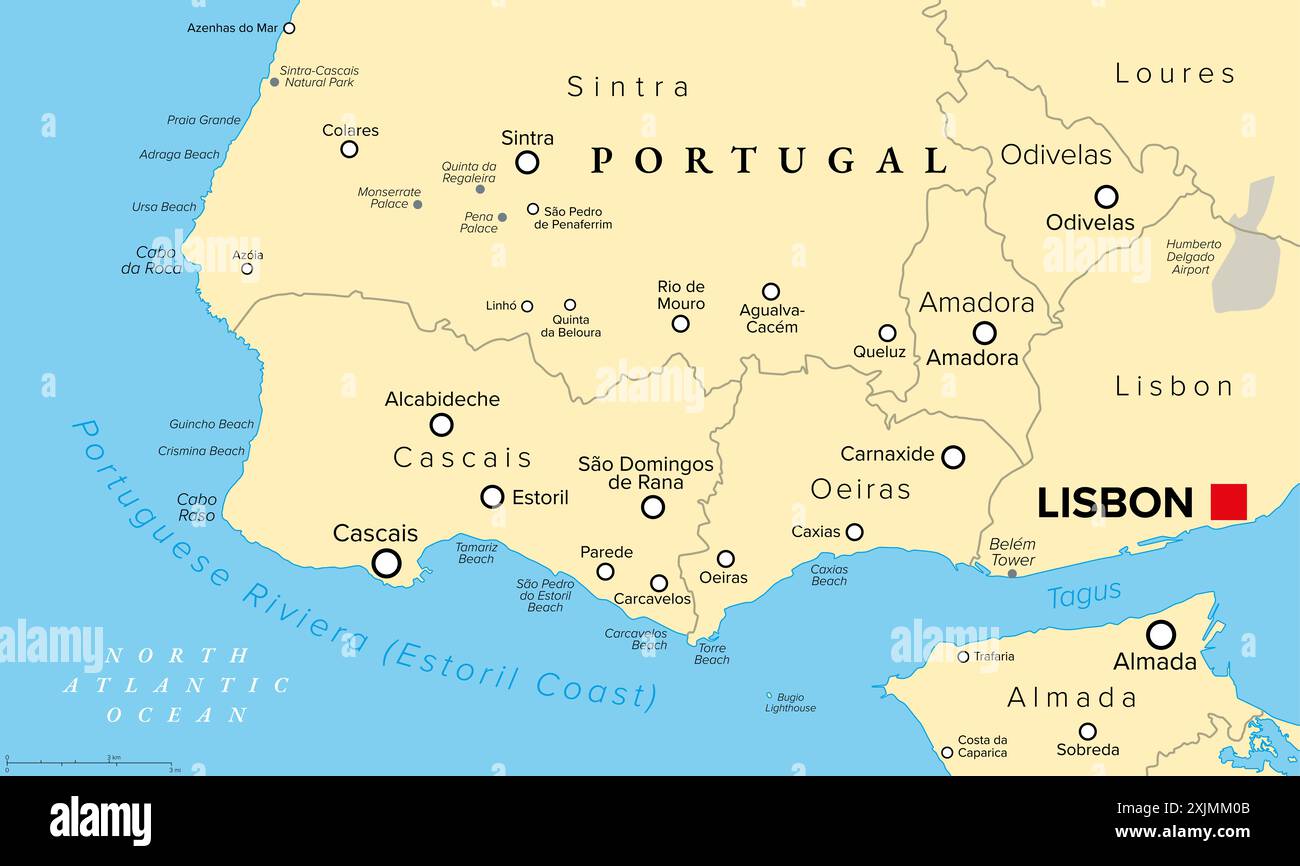 Portuguese Riviera or Estoril Coast, political map. The affluent ...