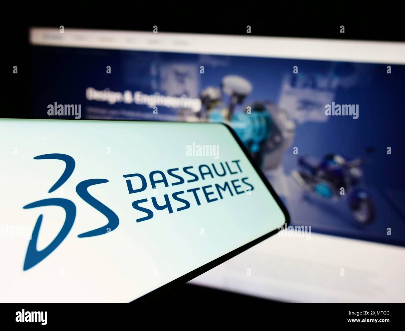 Stuttgart, Germany, 10-26-2022: Mobile phone with logo of French software company Dassault ...