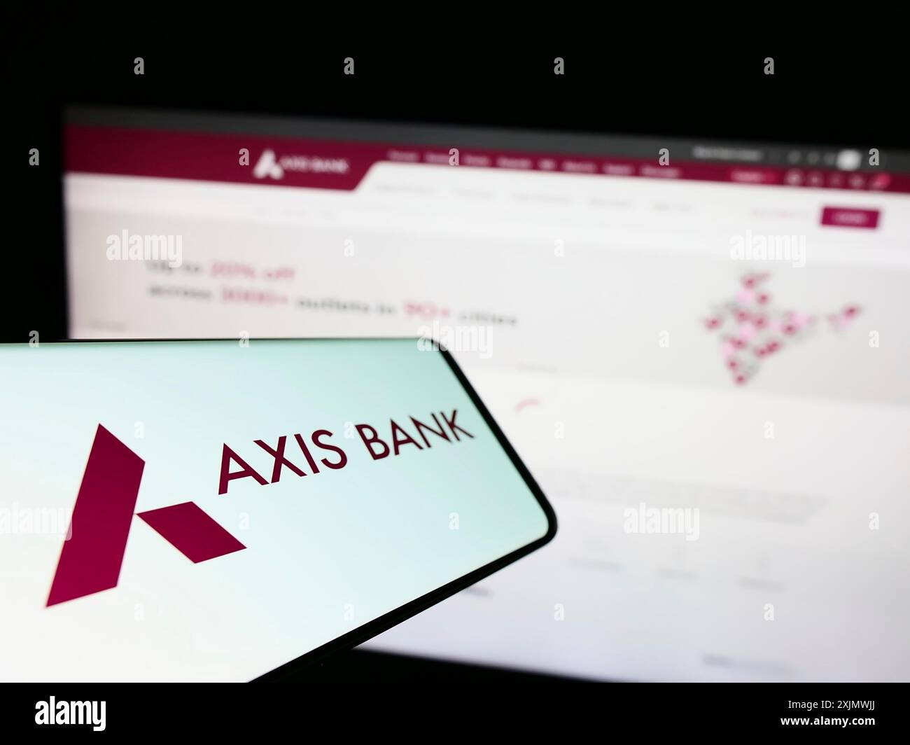 Stuttgart, Germany, 12-02-2022: Mobile phone with logo of Indian financial company Axis Bank ...