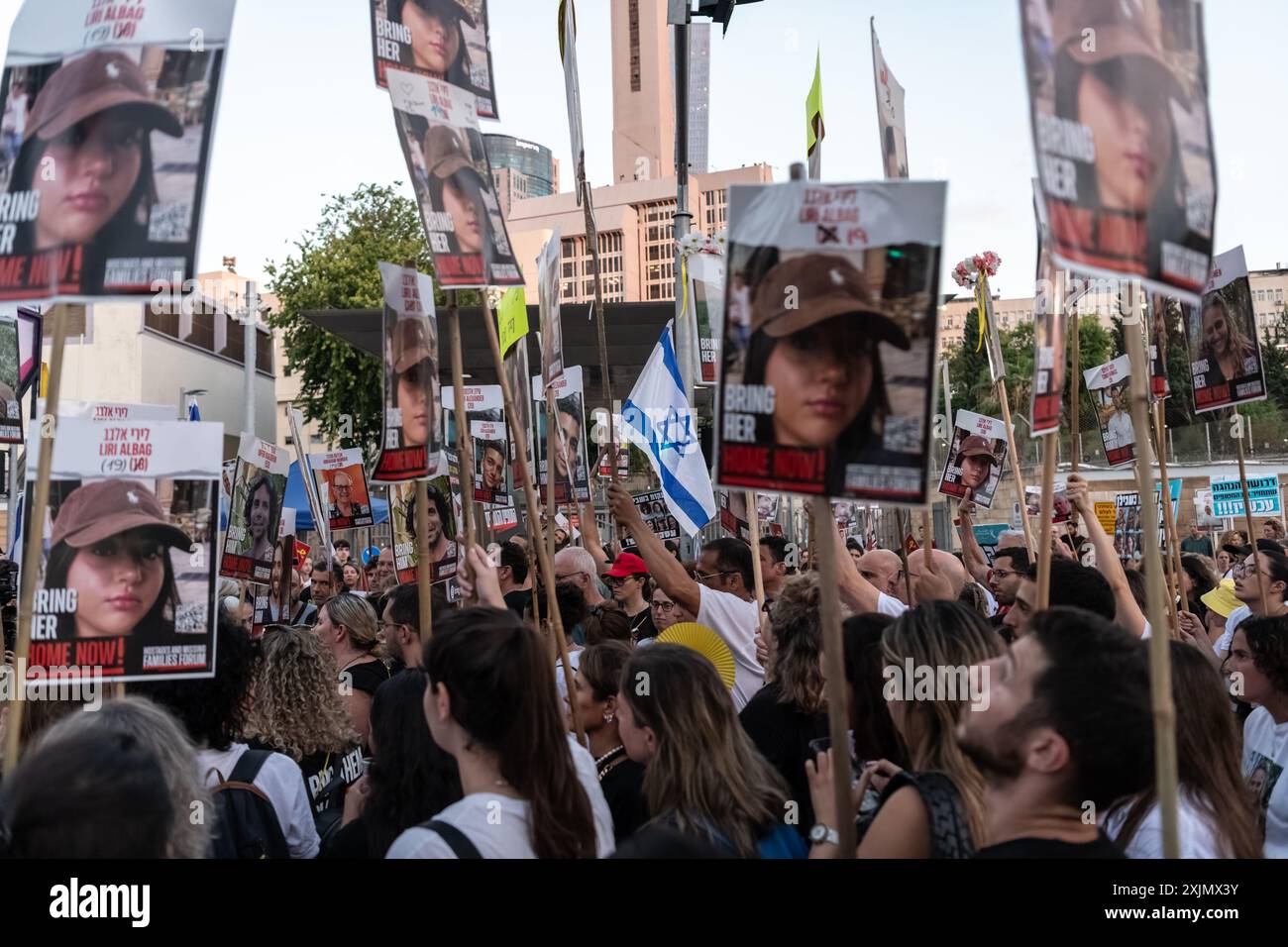 Placards depicting Israeli hostages kidnapped on October 7, are shown ...