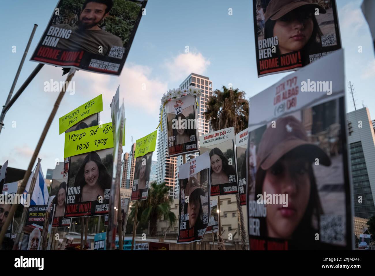 Placards depicting Israeli hostages kidnapped on October 7, are shown ...