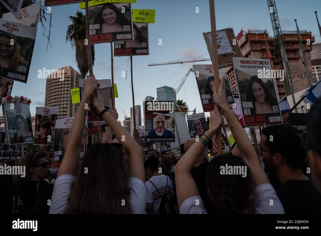 Placards depicting Israeli hostages kidnapped on October 7, are shown ...