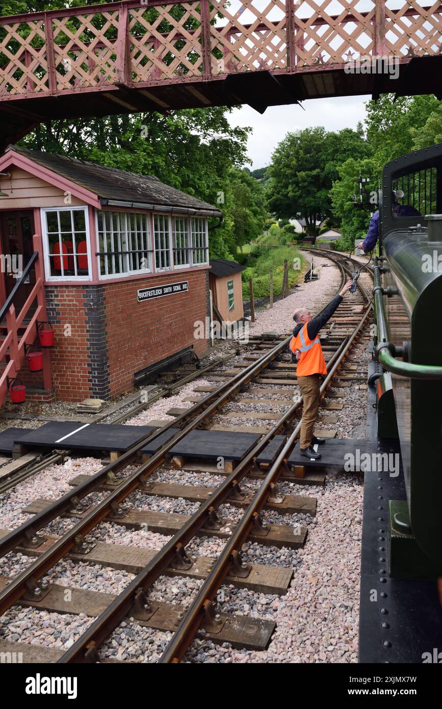 Collecting the single line token from the signalman at Buckfastleigh ...