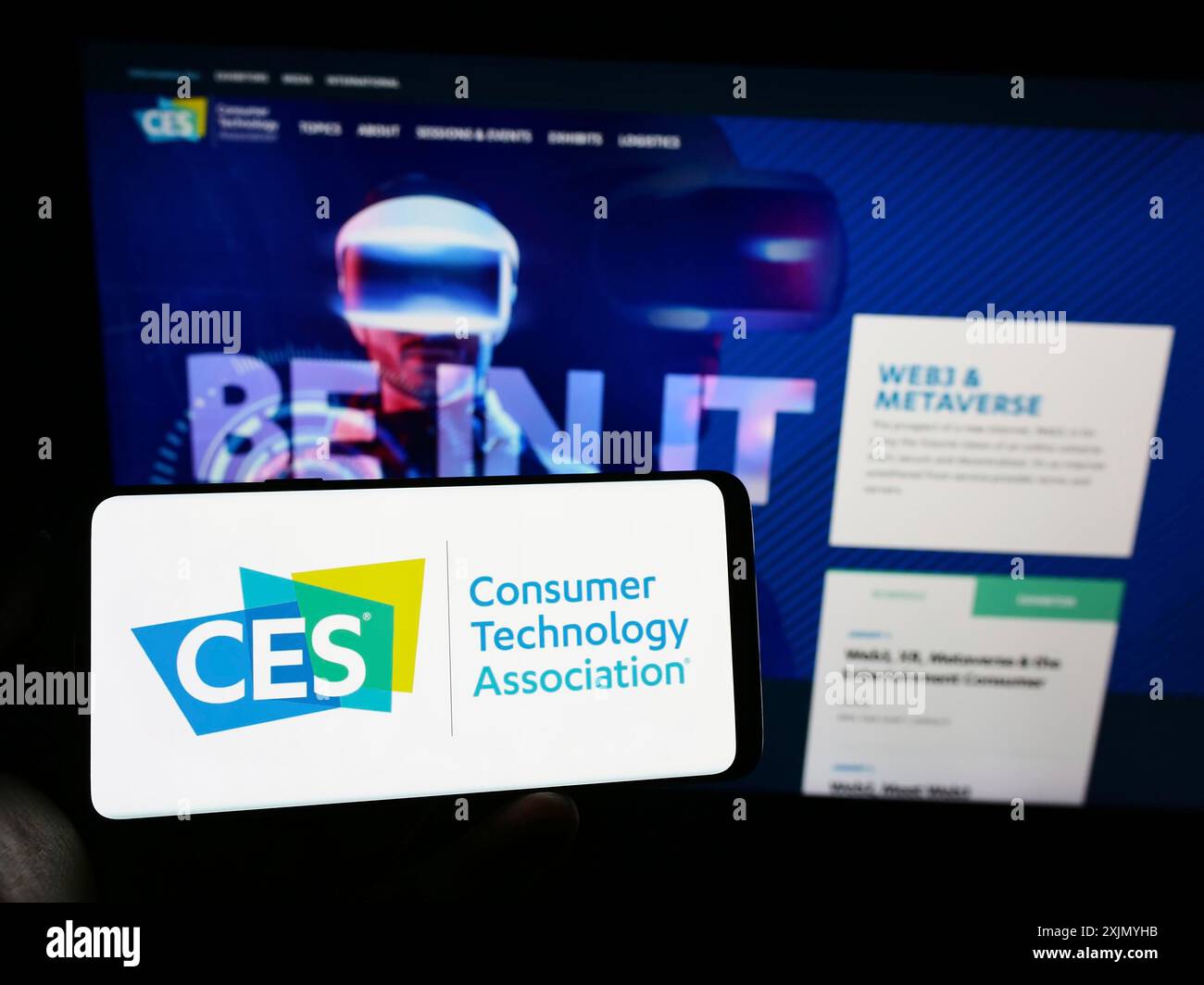 Stuttgart, Germany, 01-06-2023: Person holding cellphone with logo of US Consumer Technology ...