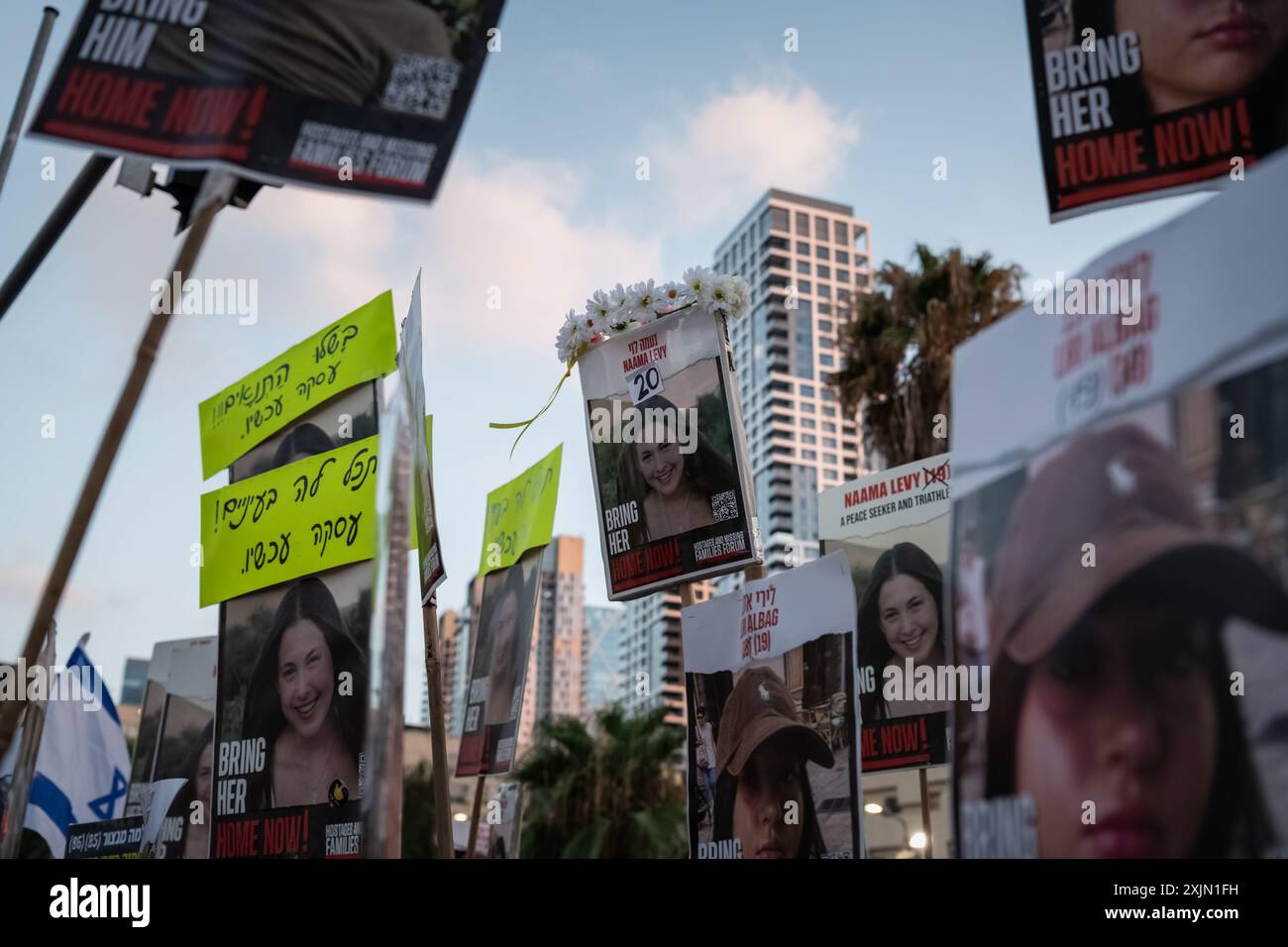 Placards depicting Israeli hostages kidnapped on October 7, are shown ...