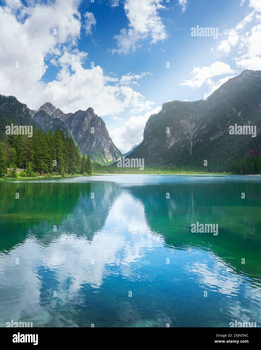 Landscape of Lake Dobbiaco or Toblacher See in the Dolomites. The ...