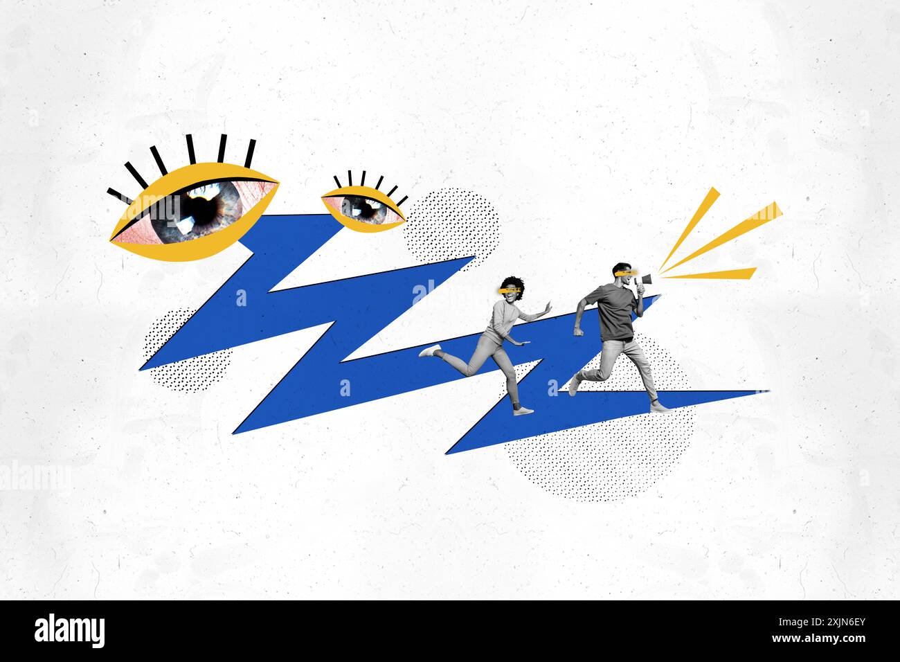 Composite photo collage of two happy girl guy scream megaphone run ufo ...